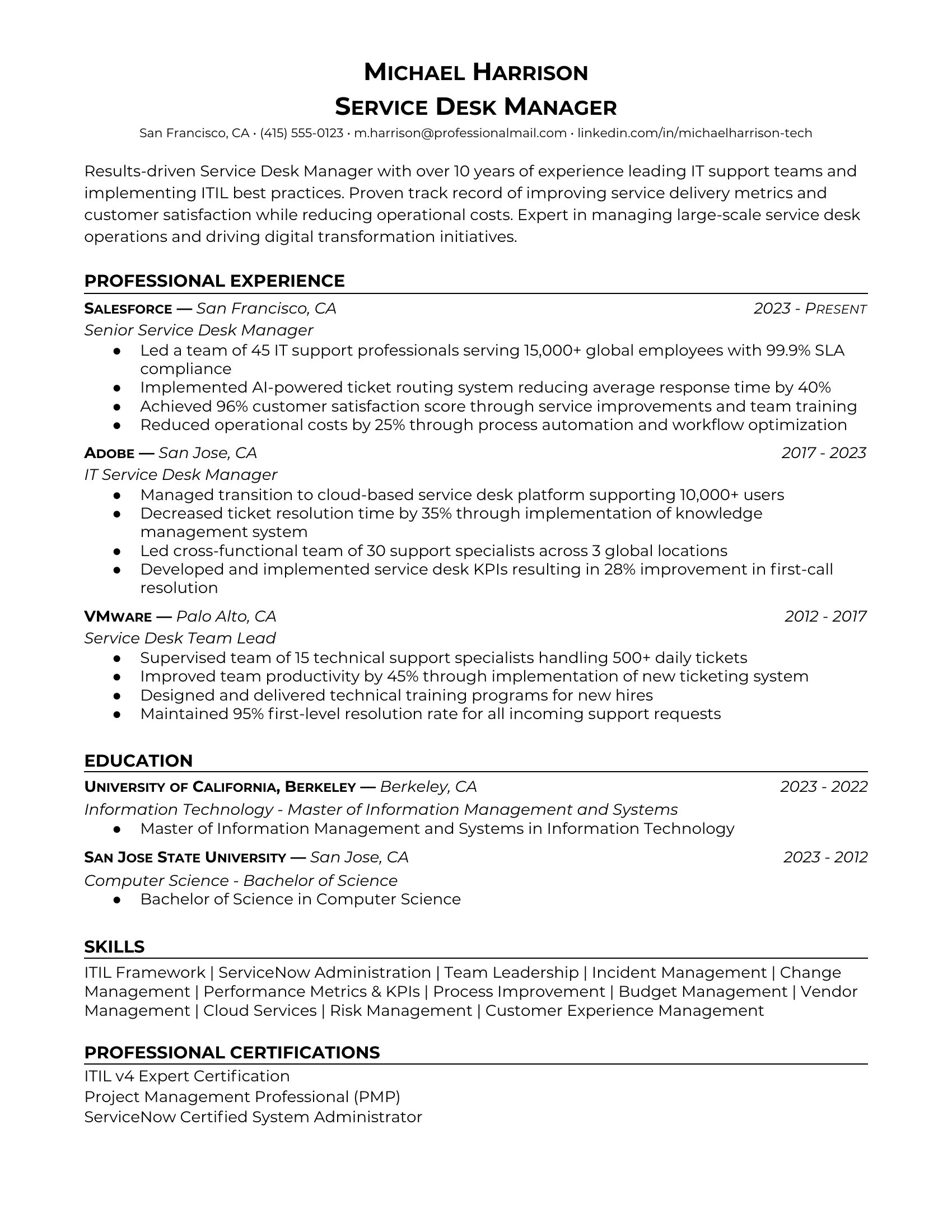 Service Desk Manager in Technology Resume Examples & Tips for 2025 | Careerday